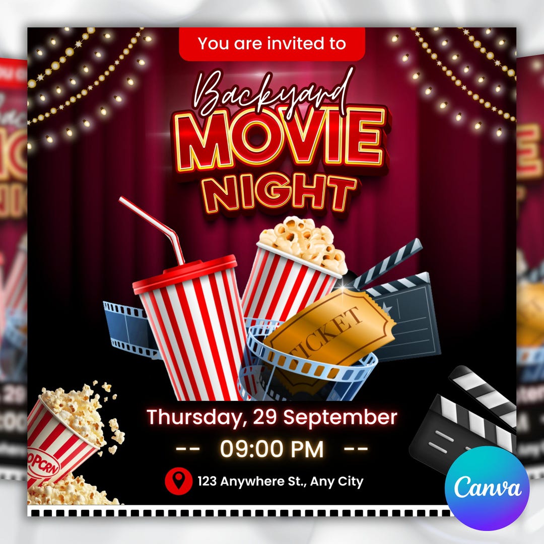 Backyard Movie Night Invitation Flyer Template (canva), Editable Party ...
