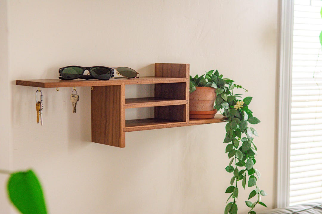 Handcrafted Walnut Key Rack With Mail Holder and Plant Shelf - Entryway ...