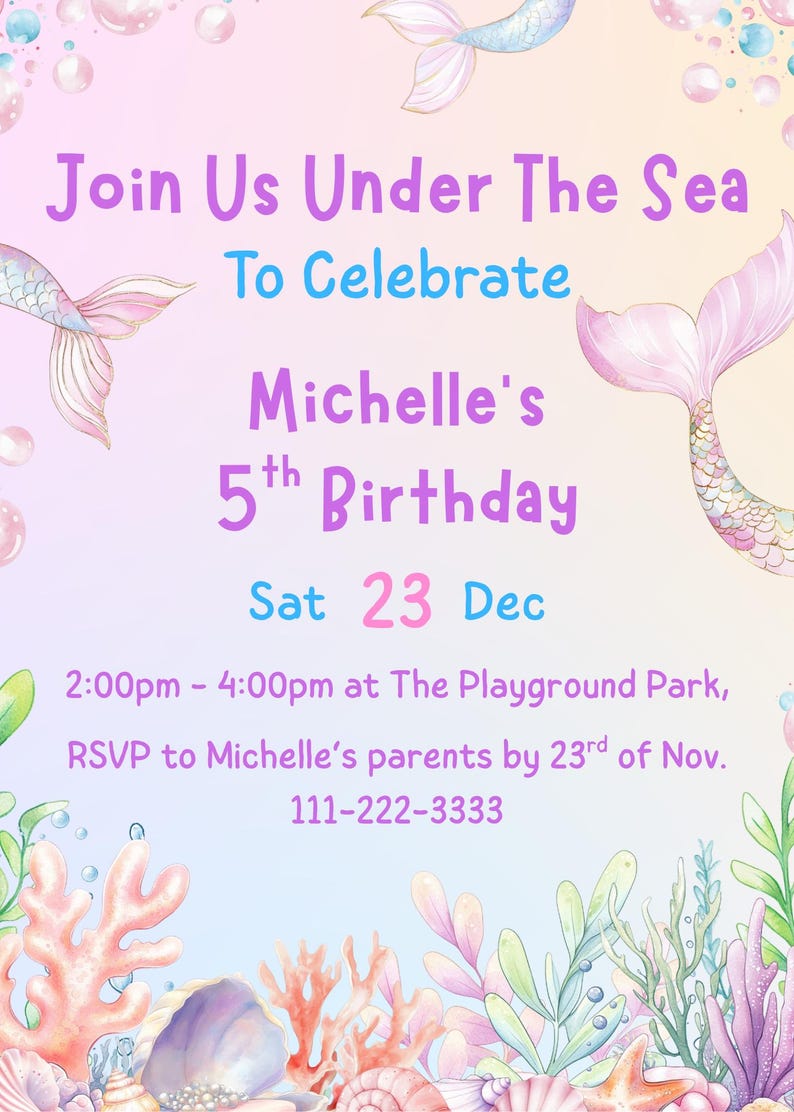 Editable Mermaid Birthday Invitation • Under the Sea Party Template ...