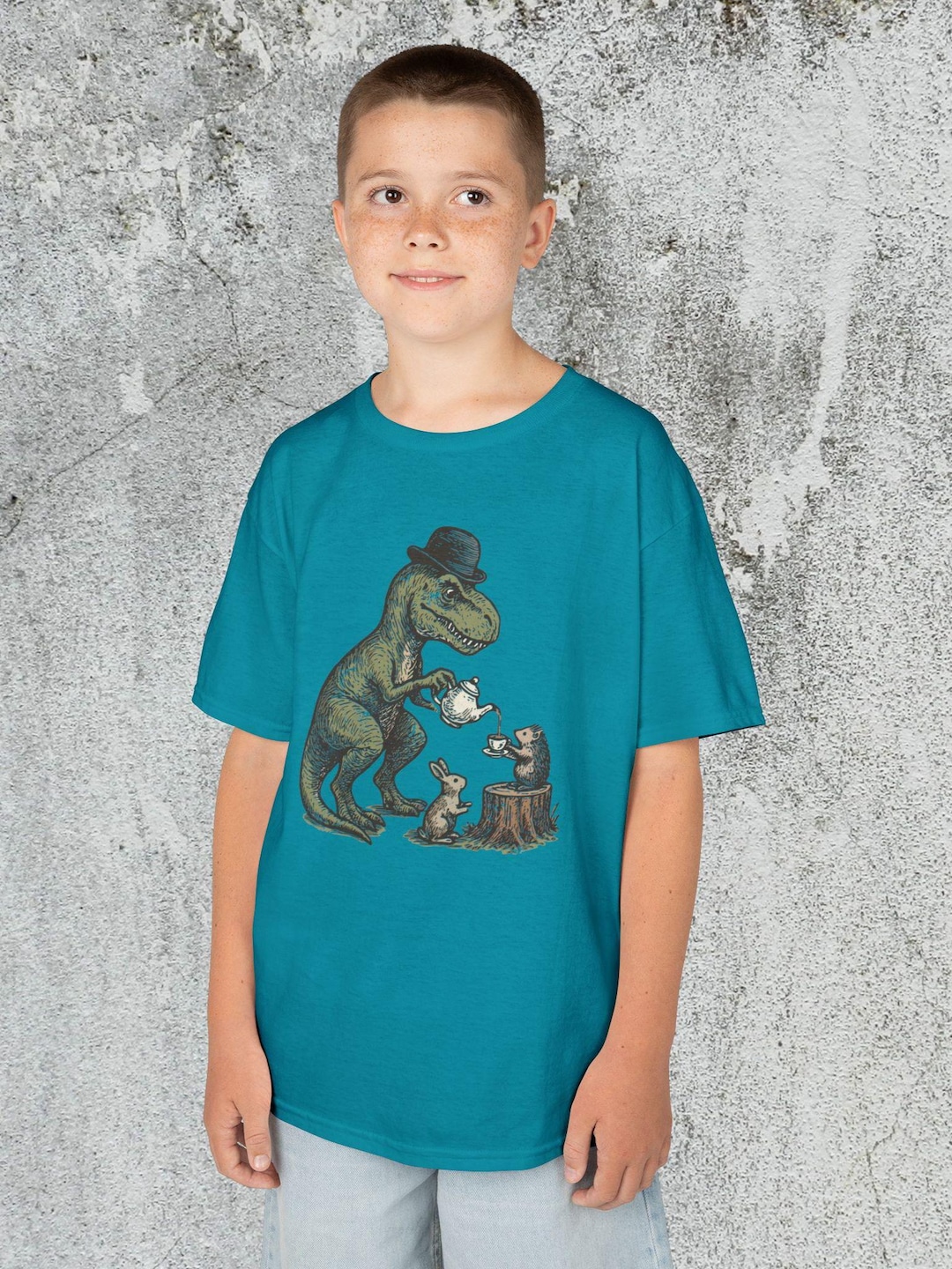 T-rex Tea With Hedgehog and Rabbit Kids Tee, Dinosaur Tea Party Kids ...