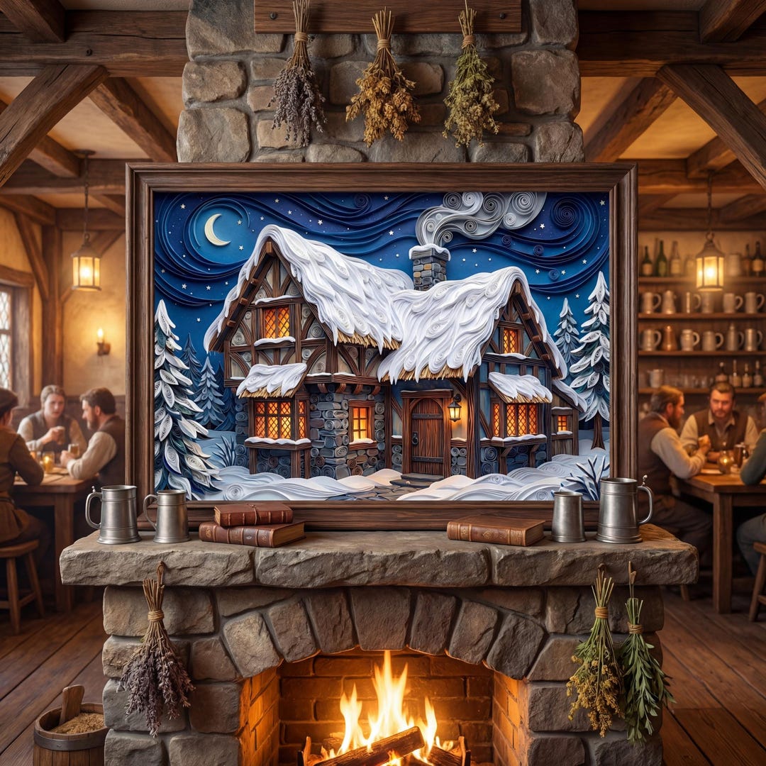 Winter Tavern Paper Quilling Wall Art Print | Fantasy Cottage Landscape ...