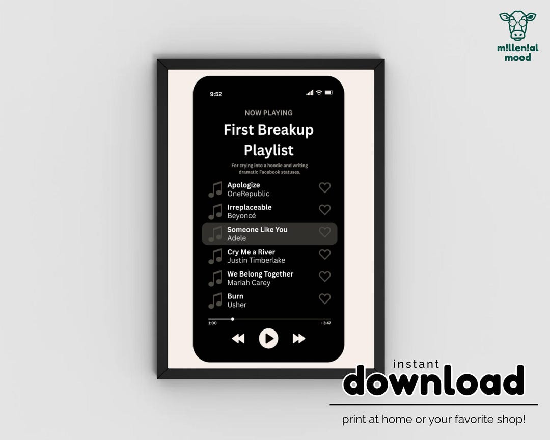First Breakup Music Playlist Print: Millennial Wall Art (digital ...