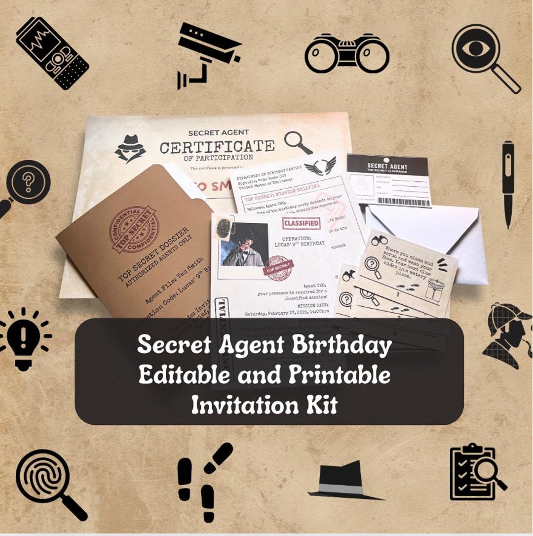 Printable Spy Birthday Party Kit: Editable Invitation, Games, Clues ...