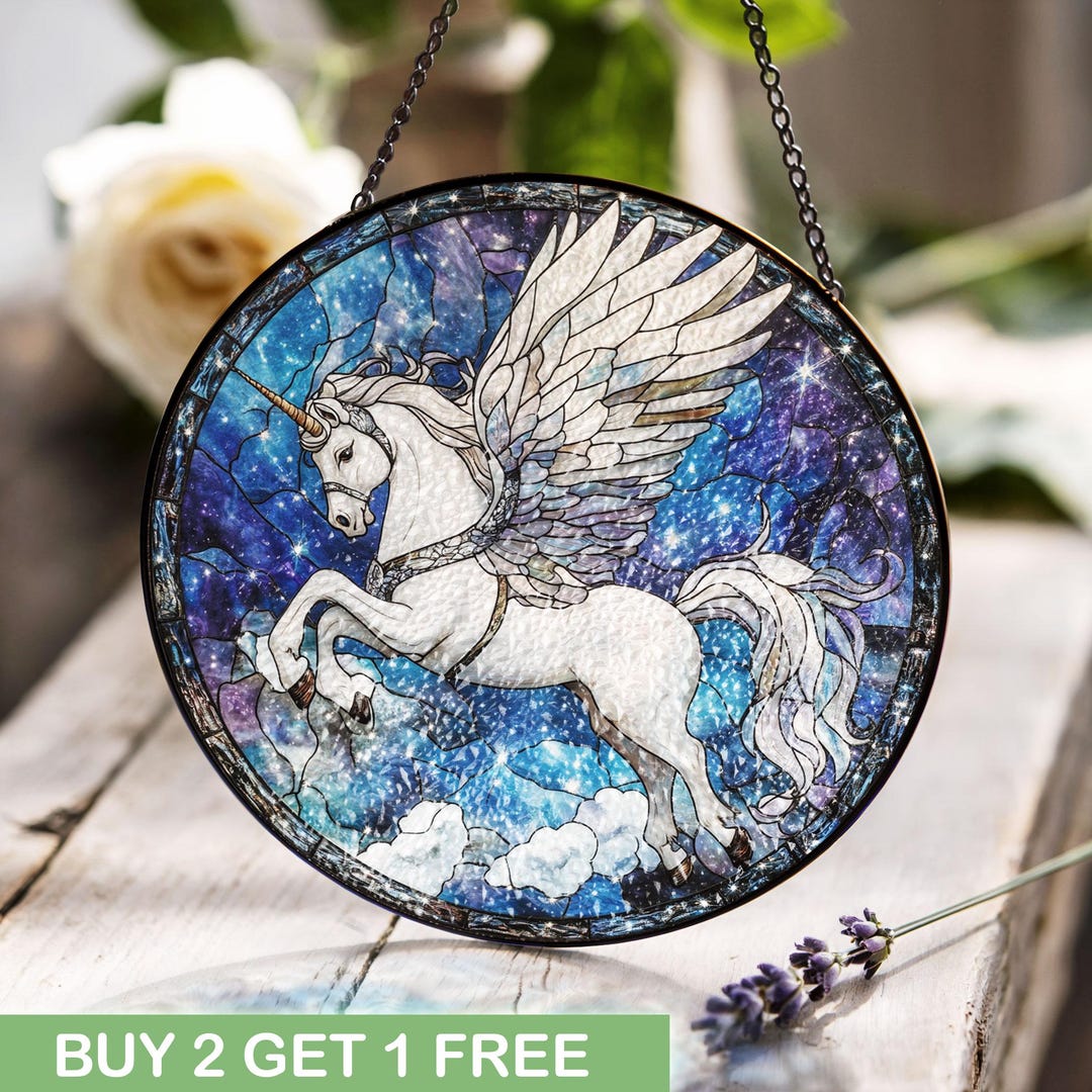 Mythical Creature Collector Birthday Gift Stained Glass, Winged Unicorn ...