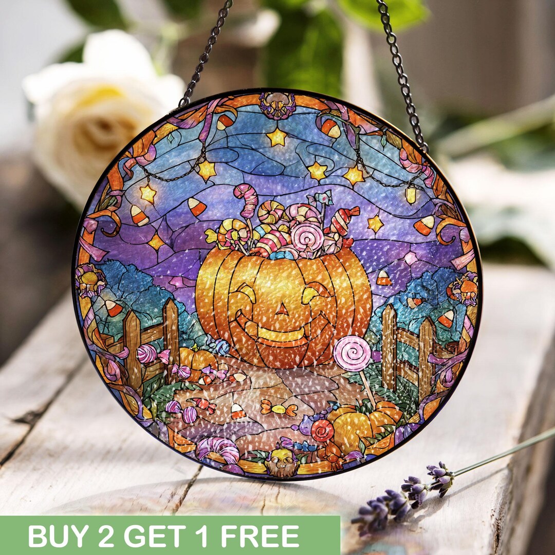 Halloween Pumpkin Candy Stained Glass, Trick or Treat Suncatcher ...