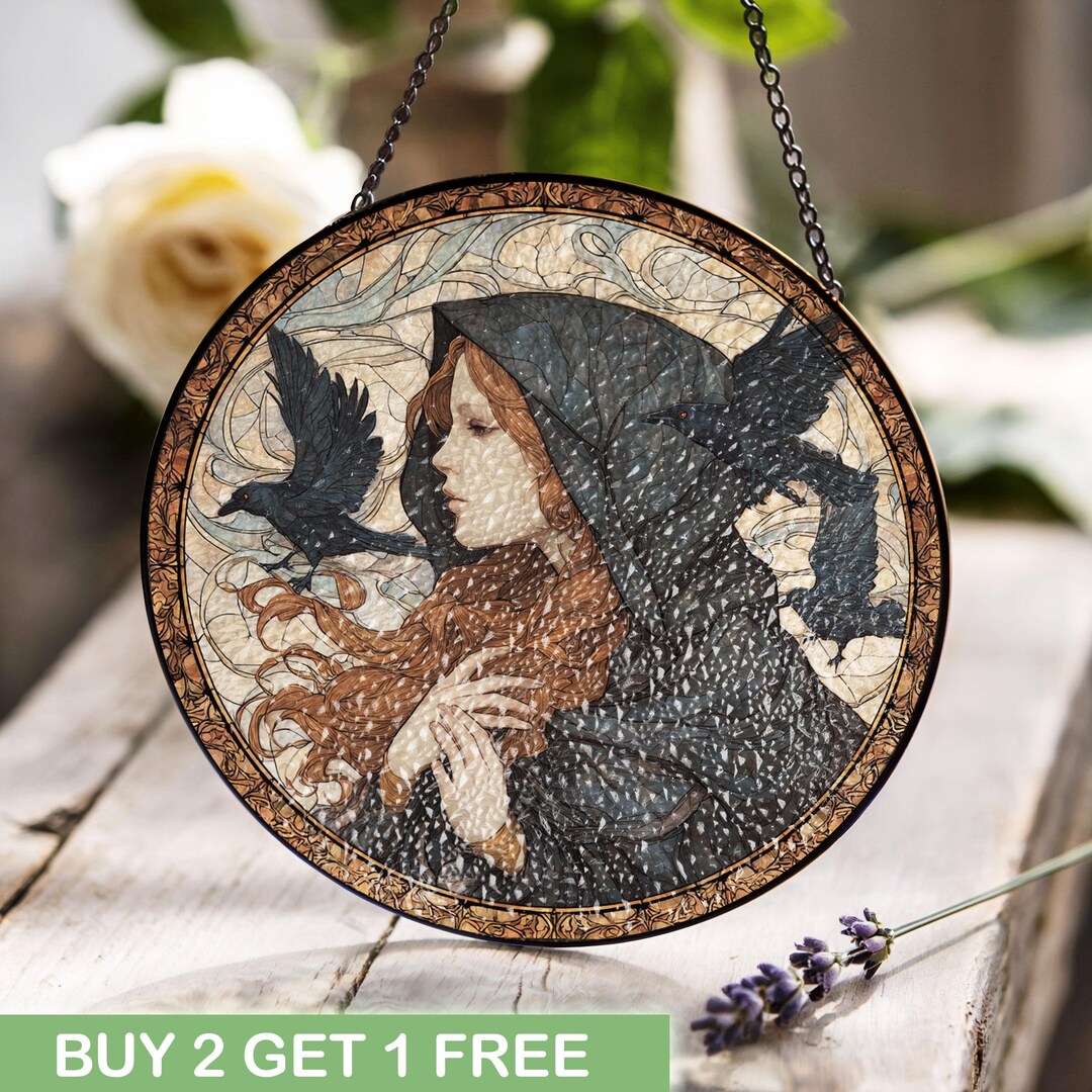 Gothic Witch Stained Glass, Raven Crow Window Panel, Pagan Friend Gift ...