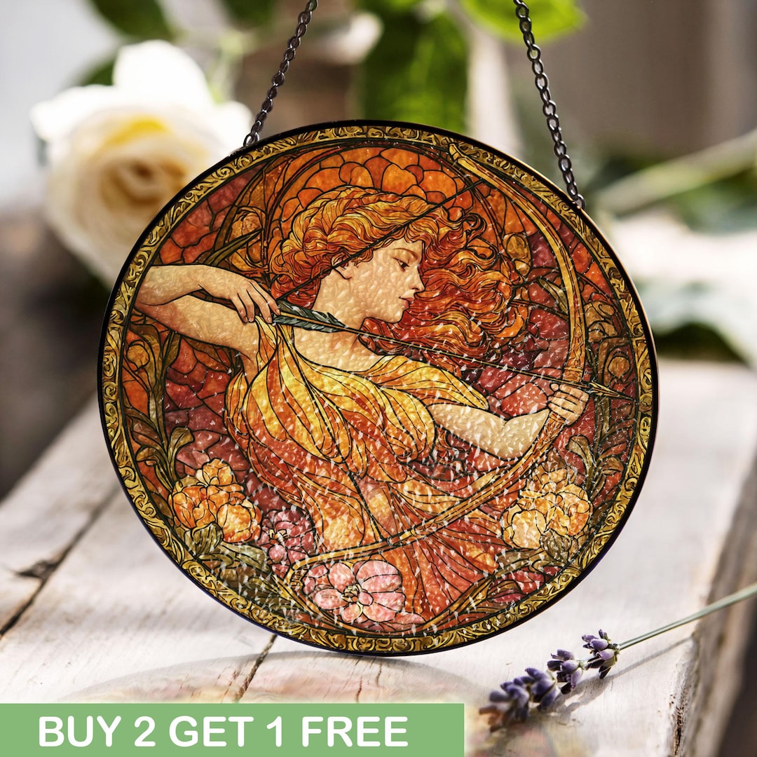 Art Nouveau Goddess Stained Glass, Mythology Archer Suncatcher, Artemis ...