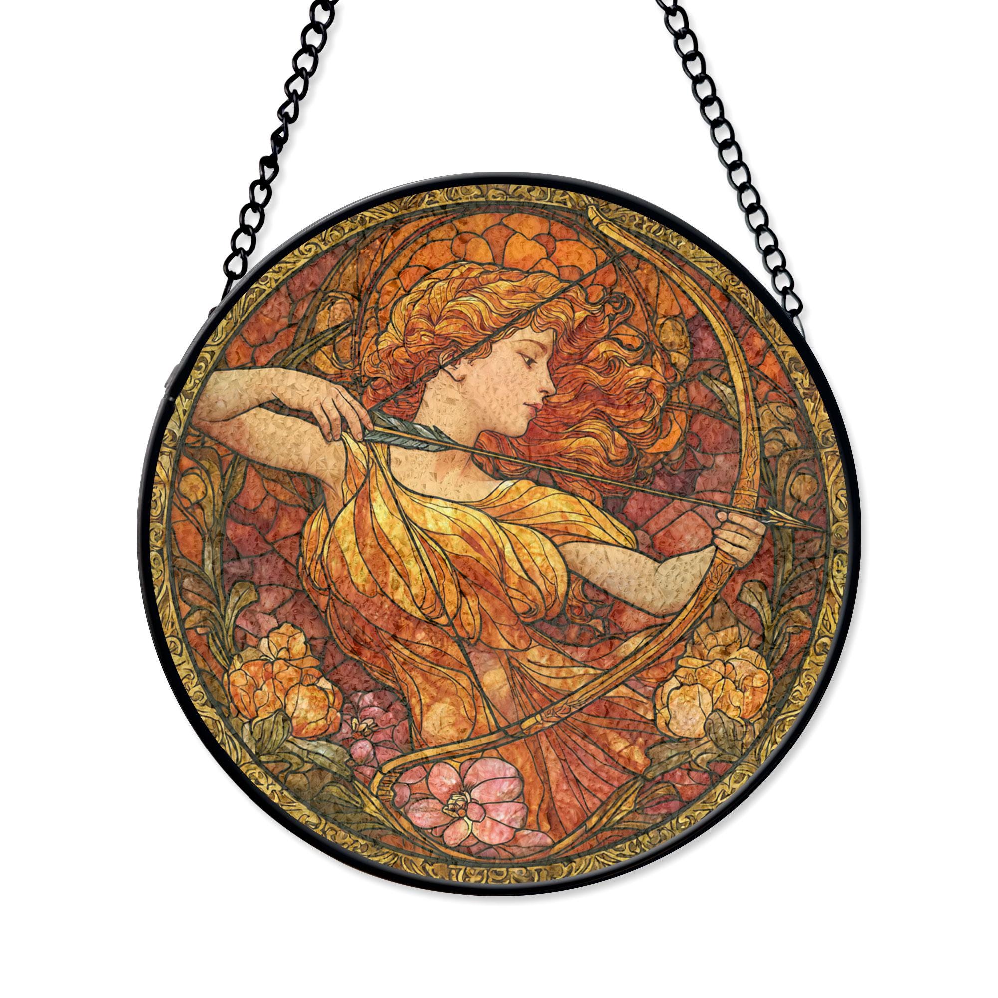 Art Nouveau Goddess Stained Glass, Mythology Archer Suncatcher, Artemis ...