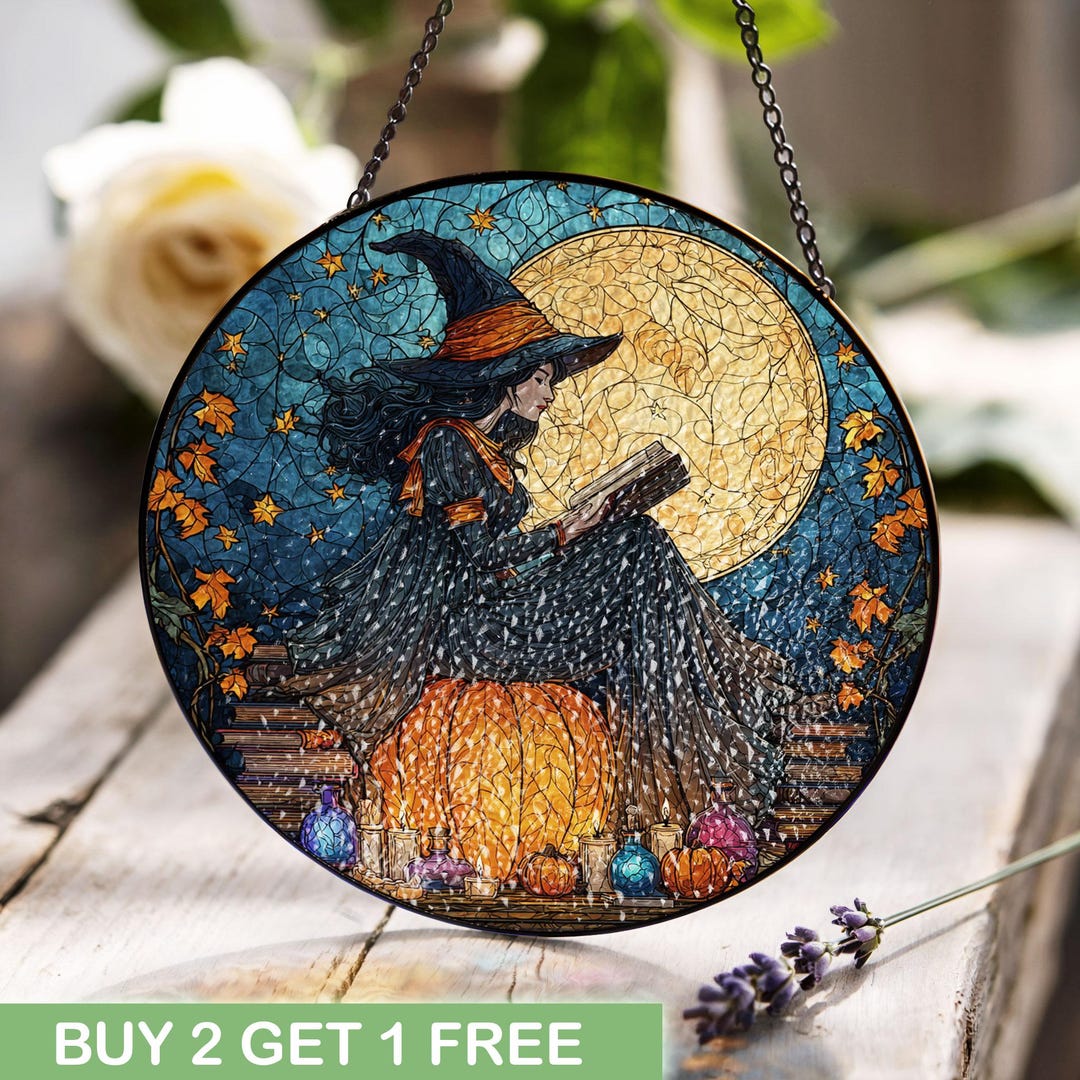 Reading Witch Halloween Stained Glass, Book Lover Gift Suncatcher ...