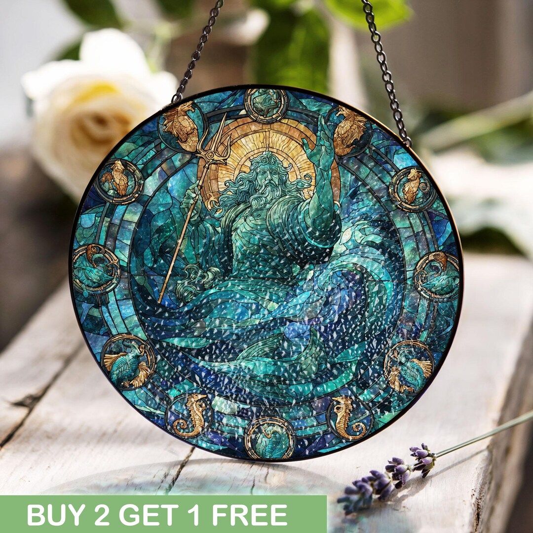 Poseidon Stained Glass, Greek God Stained Glass, Zodiac Sign Stained ...