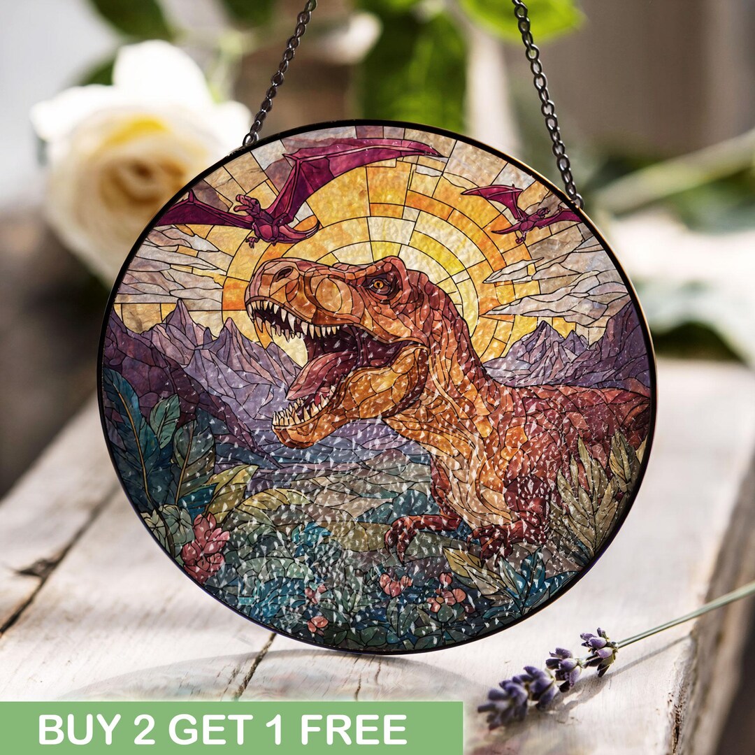 Dinosaur Hobby Stained Glass, T-rex Lover Suncatcher, Gift for ...