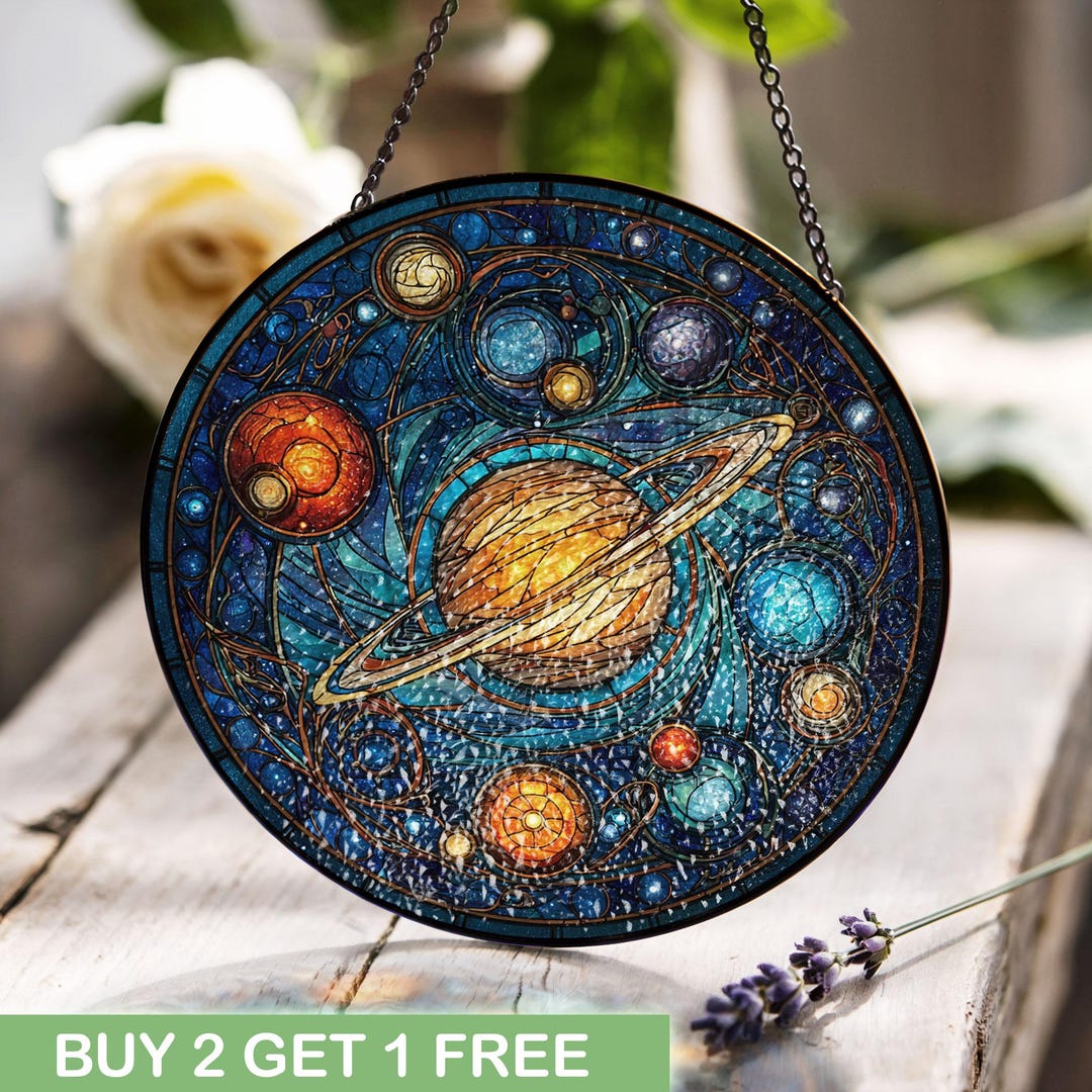 Stained Glass Solar System Suncatcher, Celestial Galaxy Window Hanging ...
