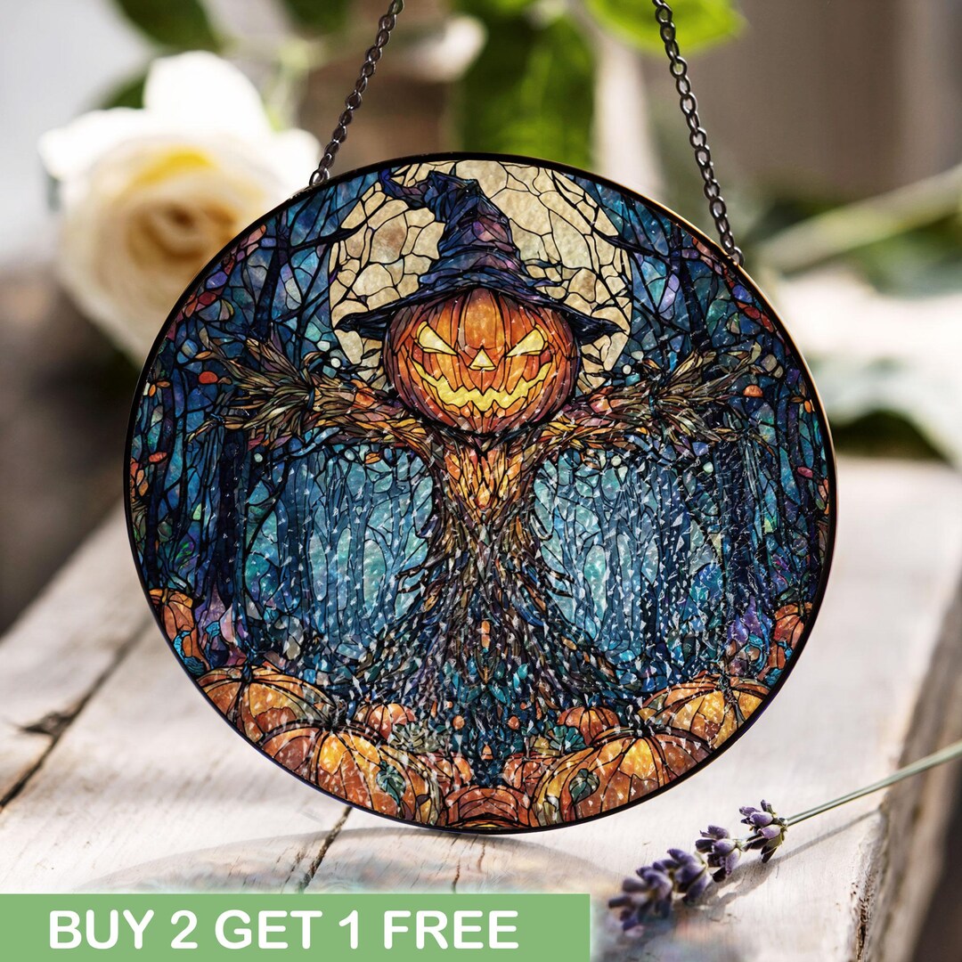 Halloween Horror Fan Stained Glass, Spooky Scarecrow Suncatcher, Jack O ...