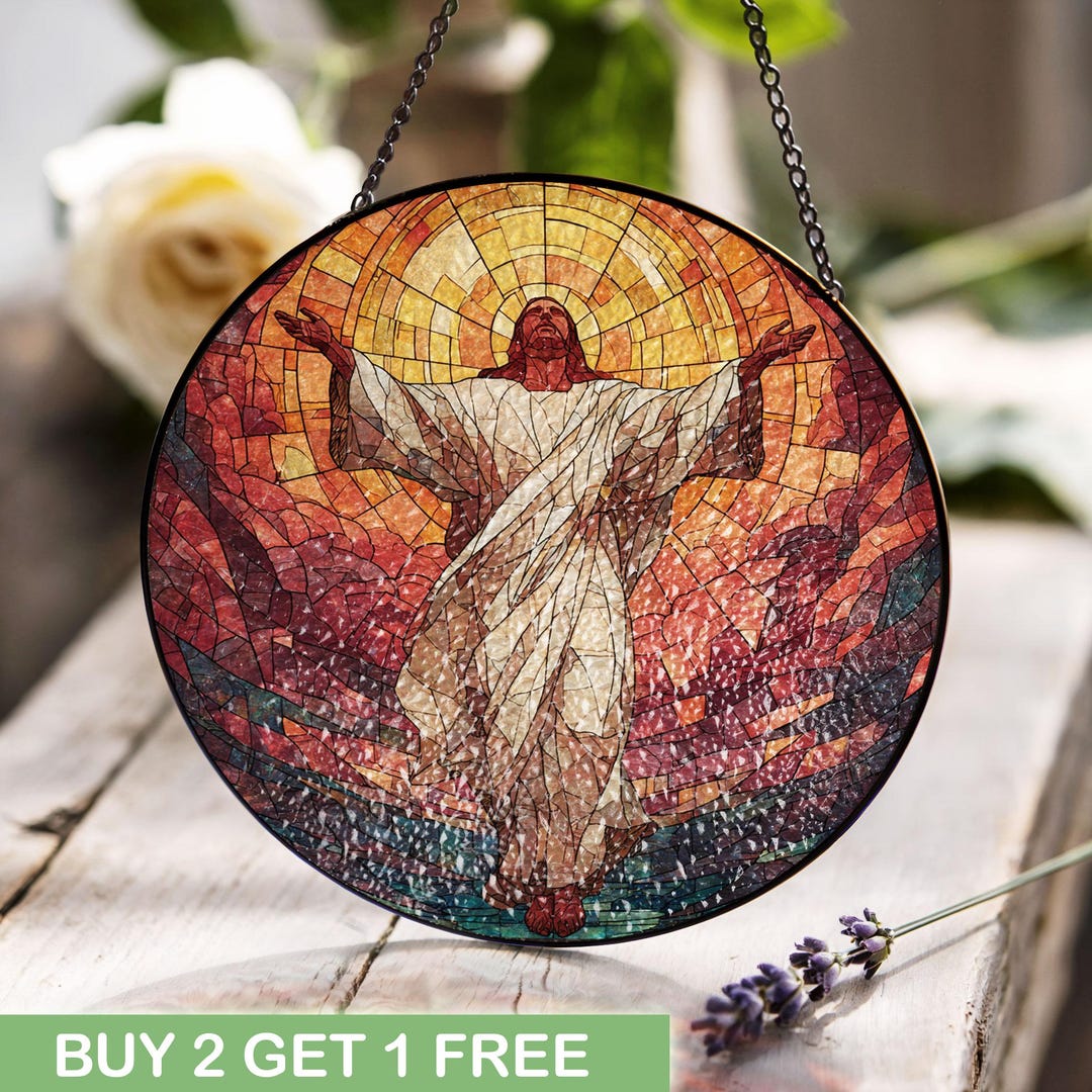 Jesus Christ Arms Raised Stained Glass Suncatcher, Risen Christ Window ...