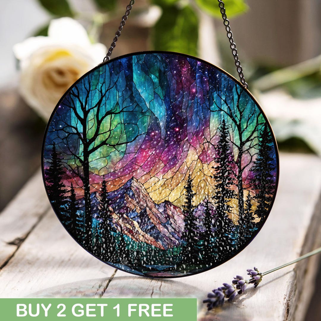 Northern Lights Stained Glass, Mountain Forest Suncatcher, Nature Lover ...
