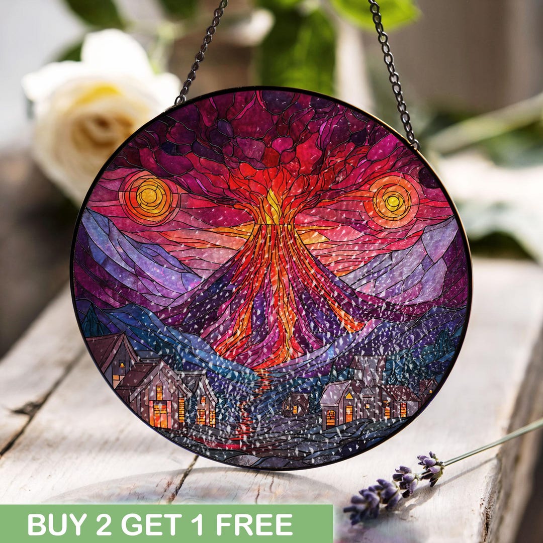 Volcano Eruption Stained Glass, Mountain Village Suncatcher, Geologist ...