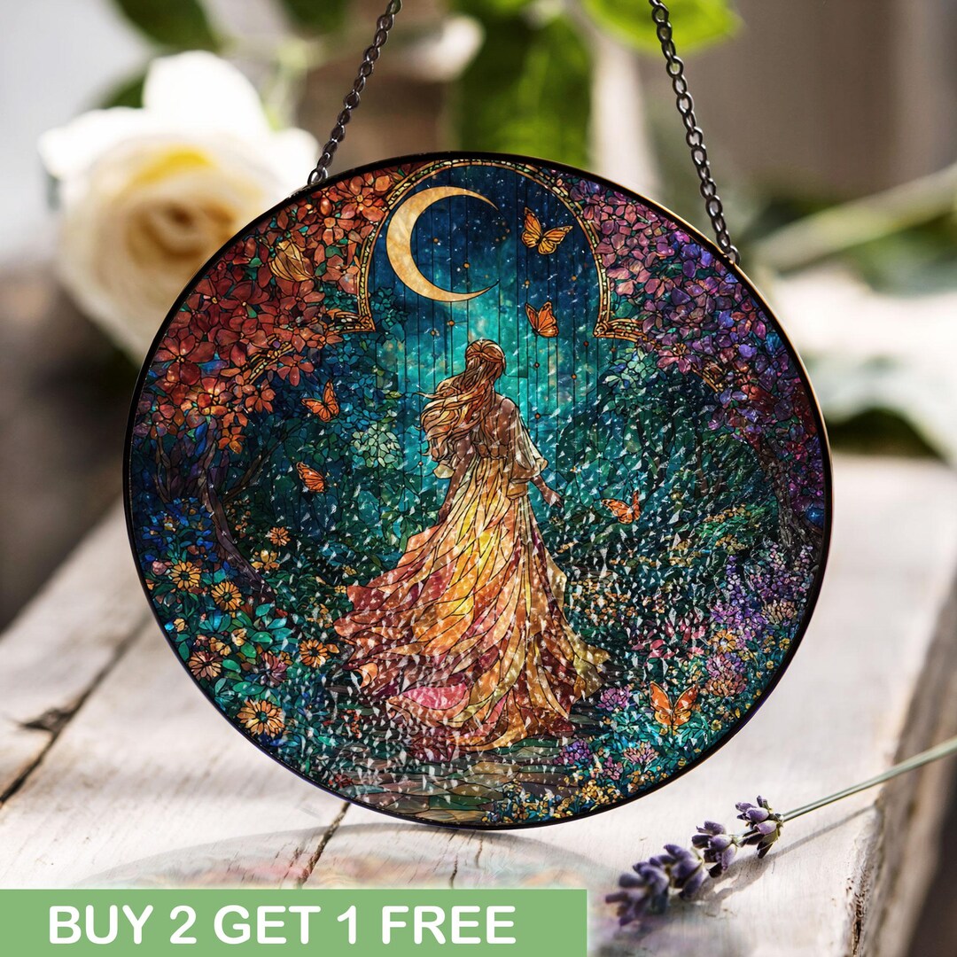 Mystical Woman Moon Butterfly Stained Glass, Spiritual Stained Glass ...