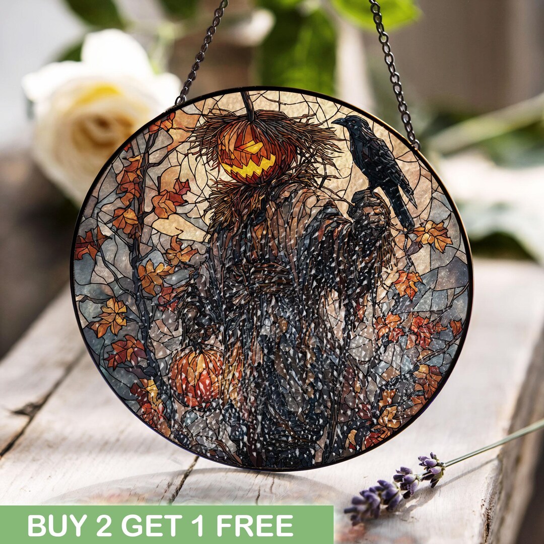 Halloween Scarecrow Stained Glass, Spooky Pumpkin Head Suncatcher ...