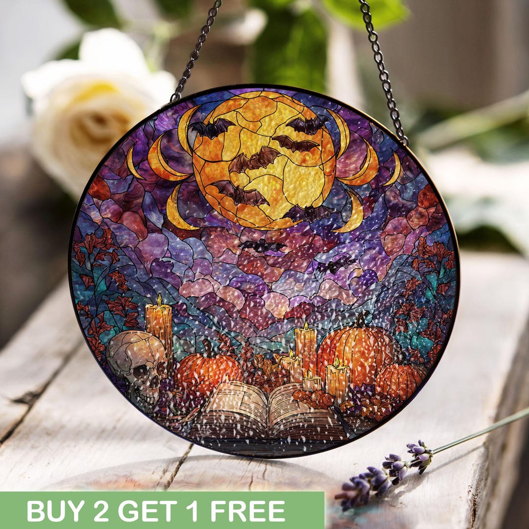 Halloween Witchcraft Hobby Stained Glass, Spooky Season Suncatcher ...