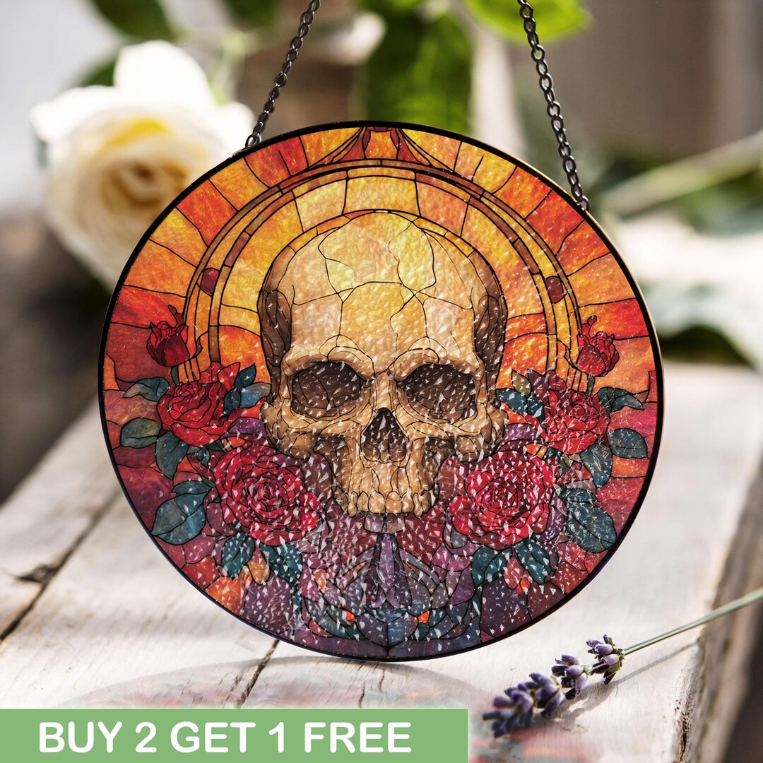 Gothic Skull Rose Stained Glass, Macabre Art Lover Suncatcher ...
