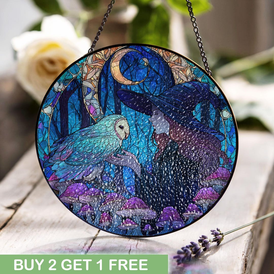 Witch and Owl Stained Glass, Crescent Moon Suncatcher, Wiccan Friend ...