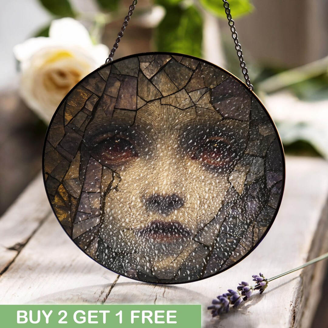 Haunting Woman Face Stained Glass, Gothic Stained Glass, Mysterious ...