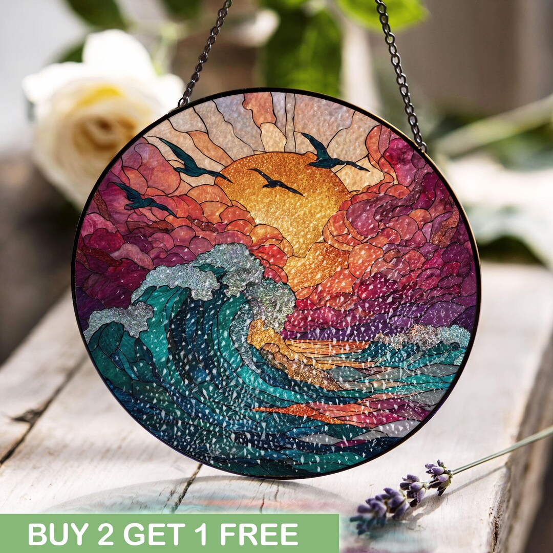 Ocean Waves Sunset Stained Glass, Beach Lover Stained Glass, Coastal ...