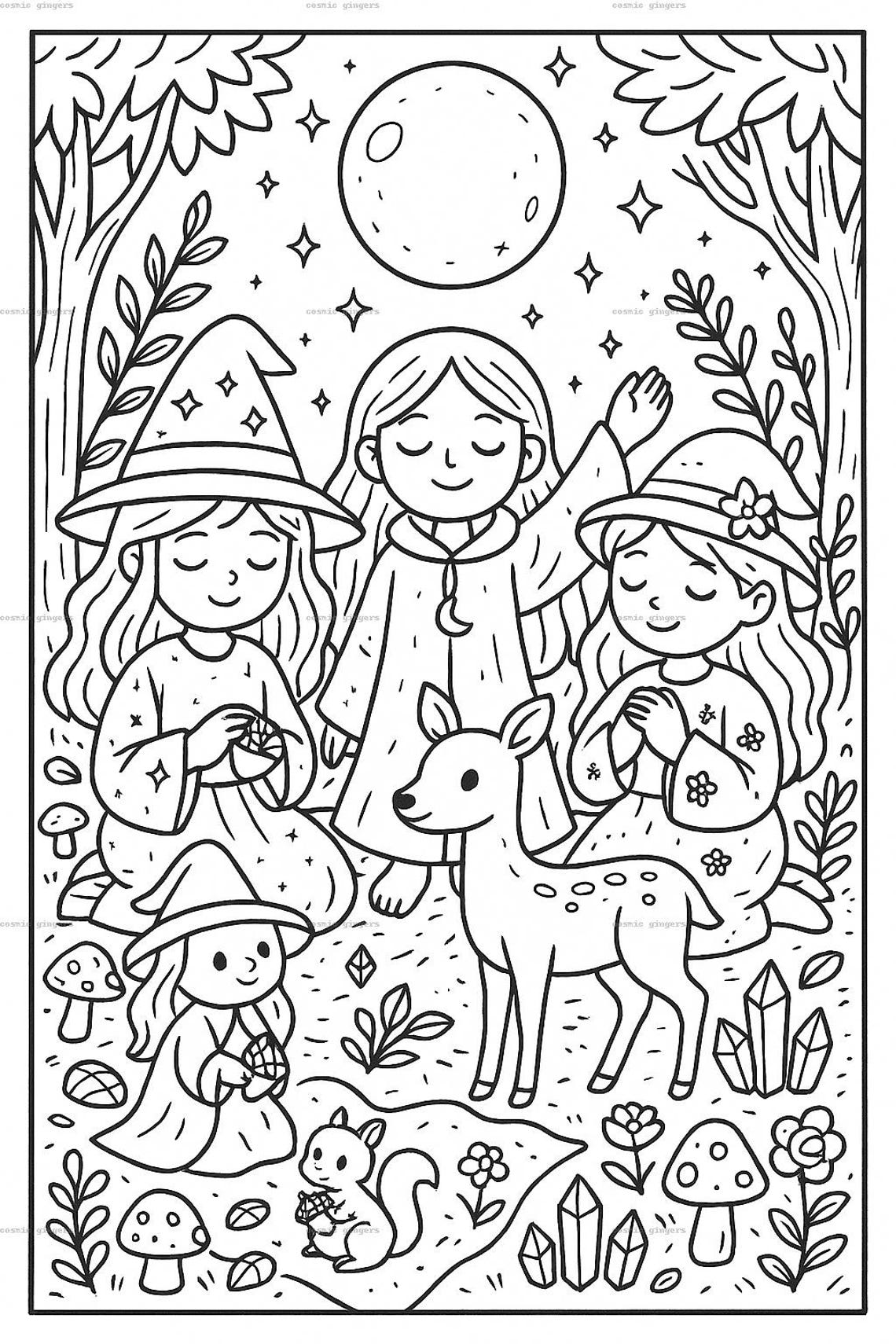 Kawaii Witch Coloring Page | Forest Moon Ritual (PDF) - Etsy
