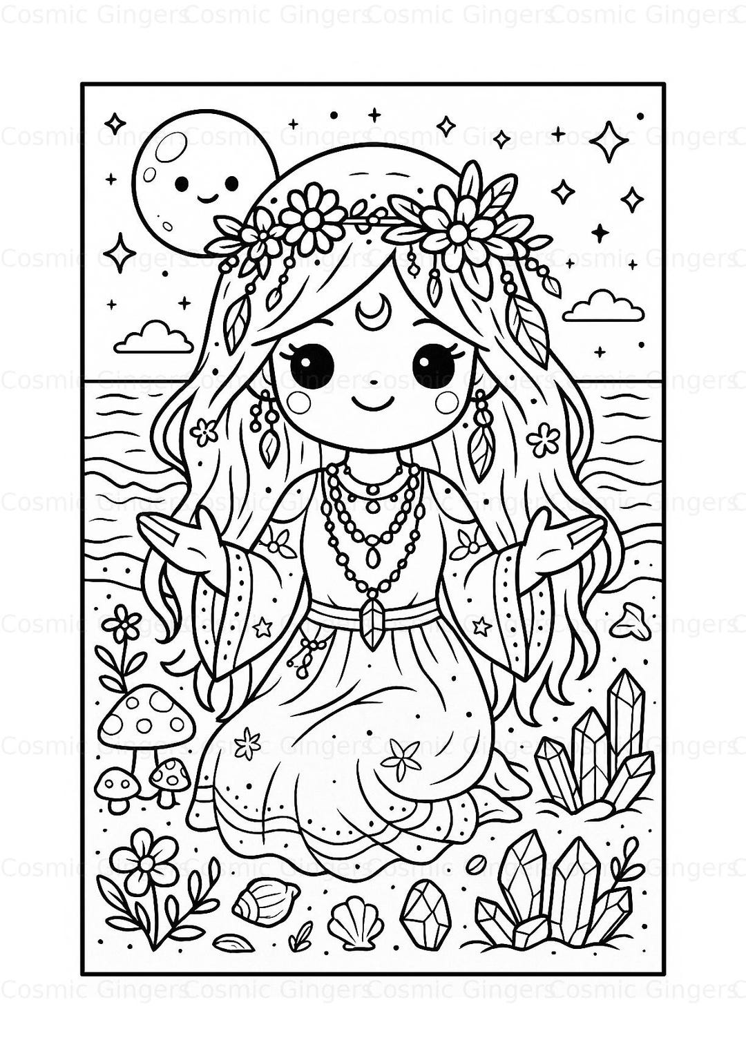 Kawaii Summertime Beach Goddess Coloring Page – Mystical Crystals ...