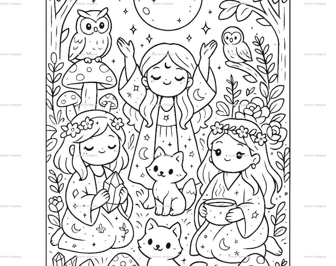 Kawaii Witchy Whimsical Forest Circle Coloring Page | Cute Moon Ritual ...