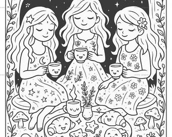 Kawaii Witchy Tea Party Coloring Page for Adults – Magical Friends ...