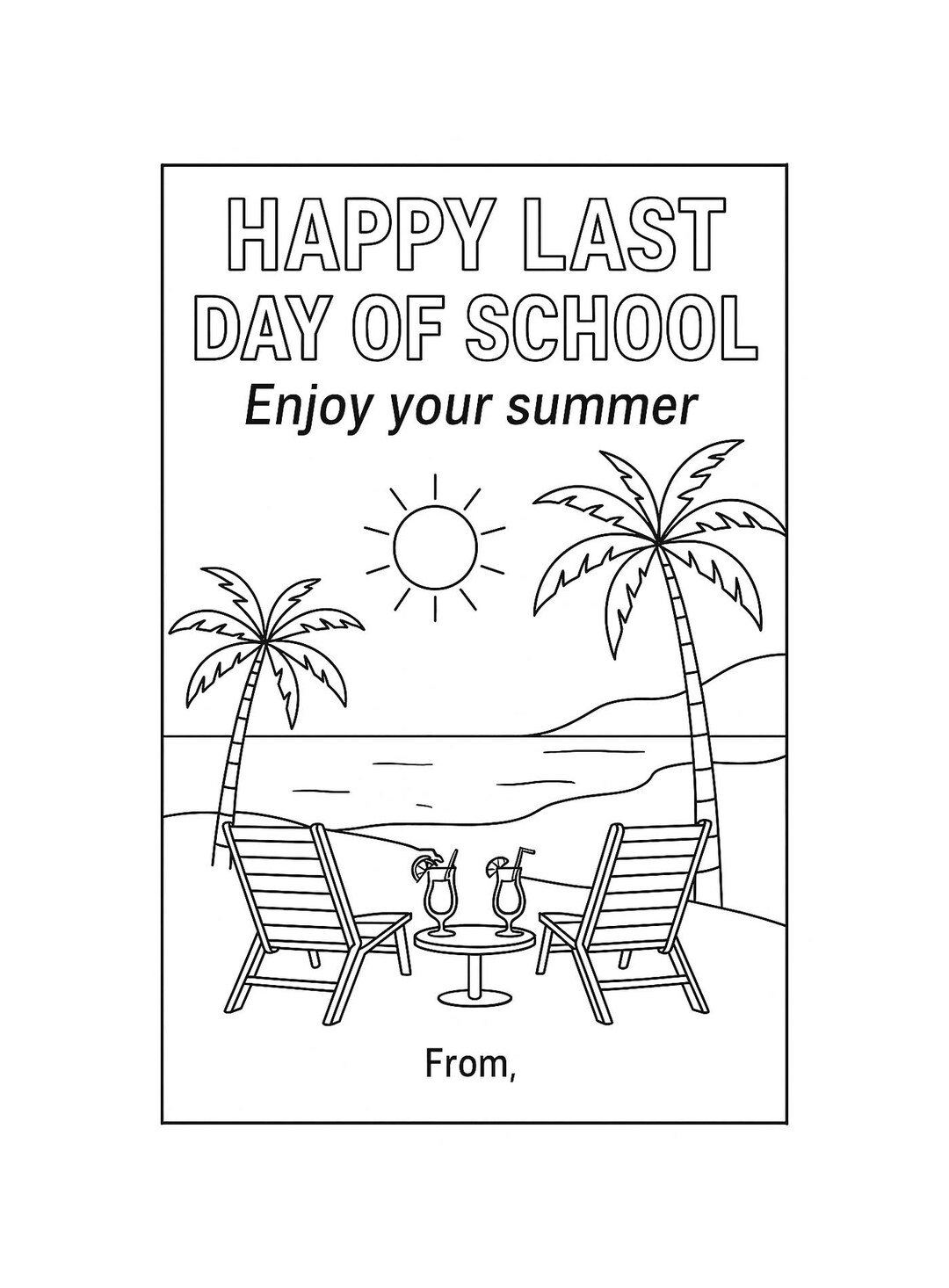 Happy Last Day of School Colouring Page - Beach Scene Summer Printable ...