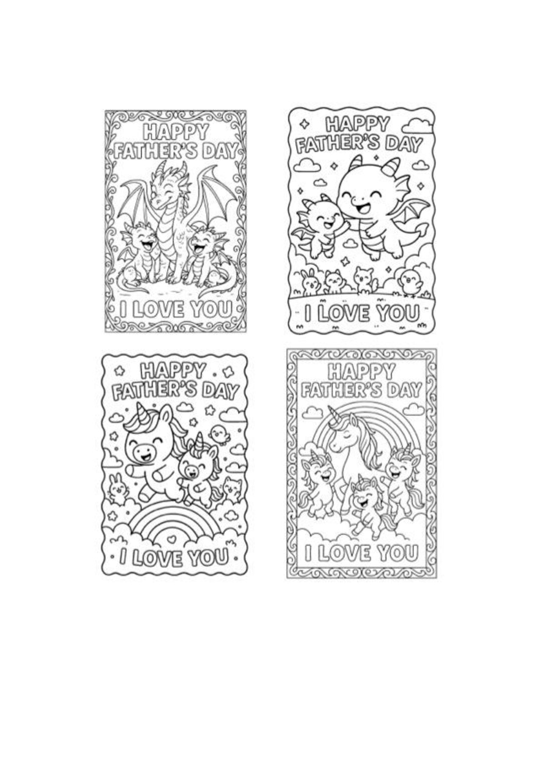 Magical Father's Day Coloring Pages – Cute Dragons & Unicorns | Instant ...