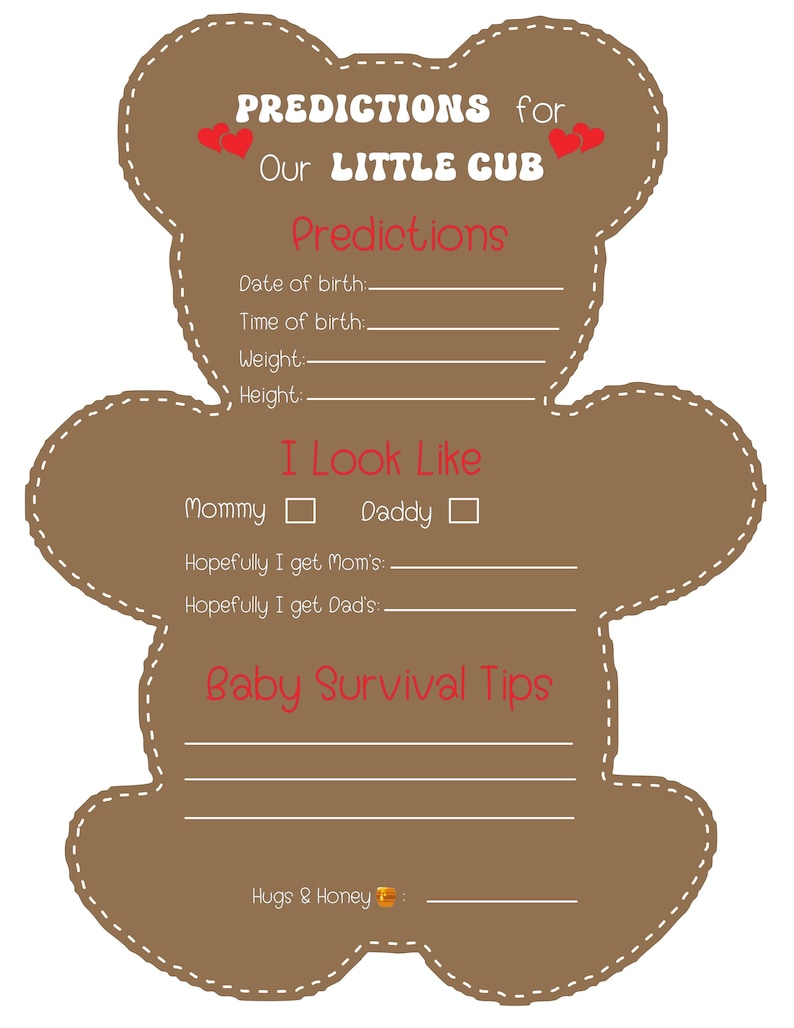Little Cub Baby Shower Predictions Card, Woodland Bear Advice Game ...