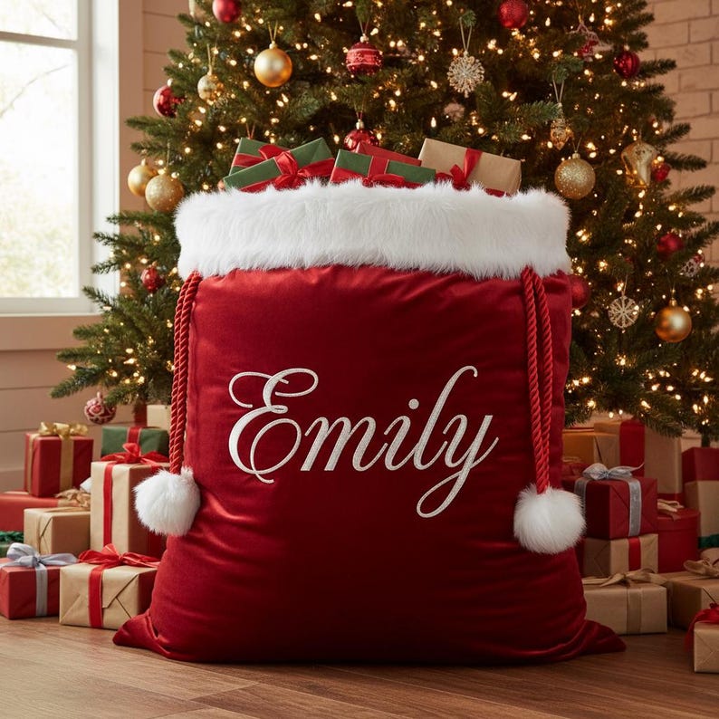 Personalized Velvet Santa Sack | Embroidered Christmas Gift Bag - Etsy