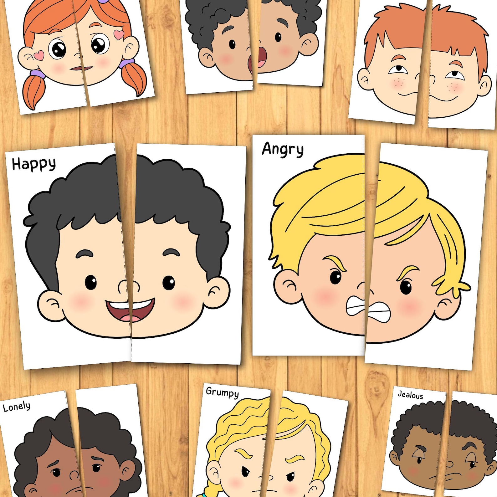 Emotions Puzzle for Kids Printable Matching Game Feelings Flash Cards ...