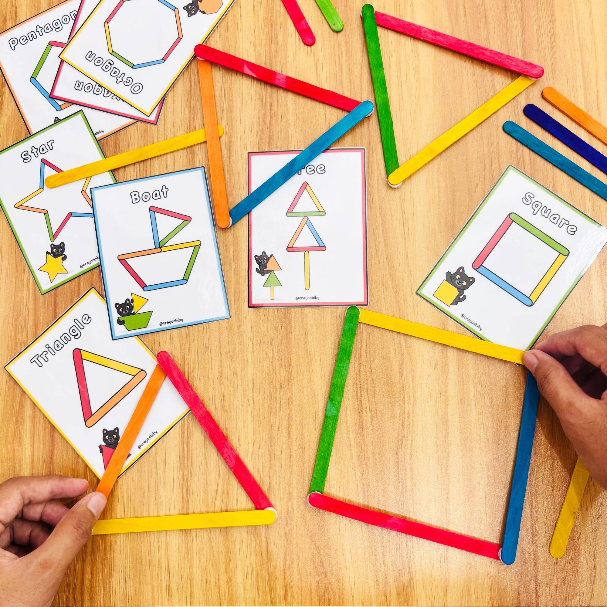 Popsicle Stick 2D Shapes Activity, Montessori Printable Game for Kids ...