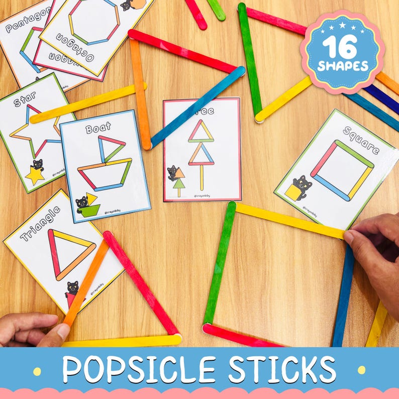 Popsicle Stick 2D Shapes Activity, Montessori Printable Game for Kids ...