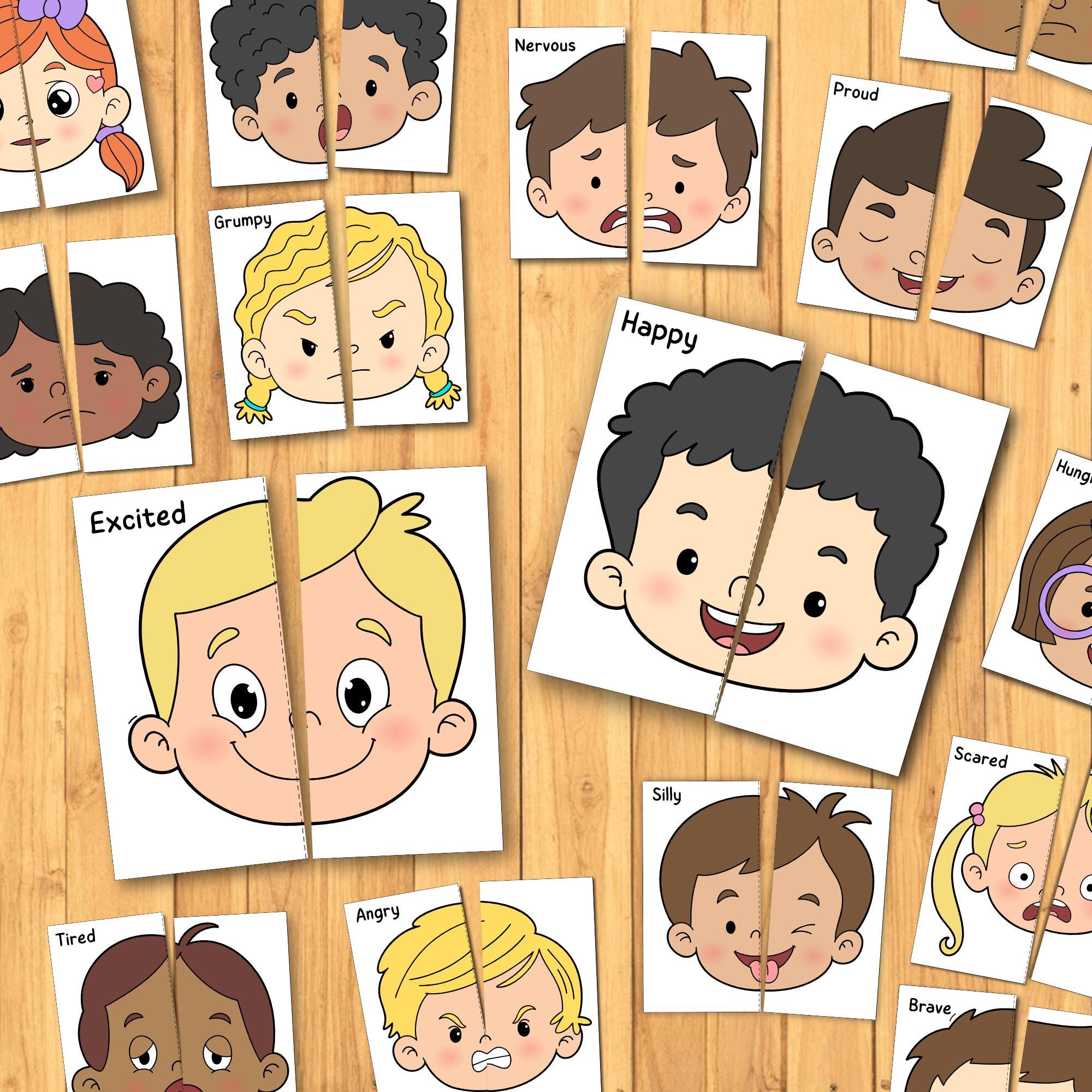 Emotions Puzzle for Kids Printable Matching Game Feelings Flash Cards ...