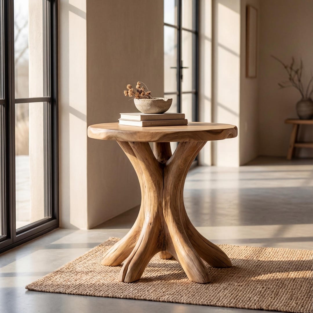 Handcrafted Round End Table Sculptural Tree Root Side Table Solid Wood ...