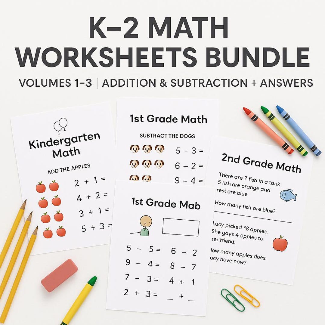 K-2 Math Worksheets Bundle: Addition & Subtraction Printables (PDF ...