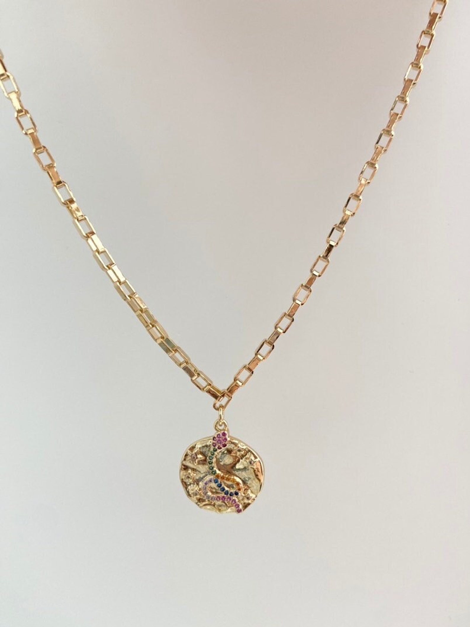 Gold Snake & Star Coin Necklace: Multicolored CZ Statement Jewelry - Etsy