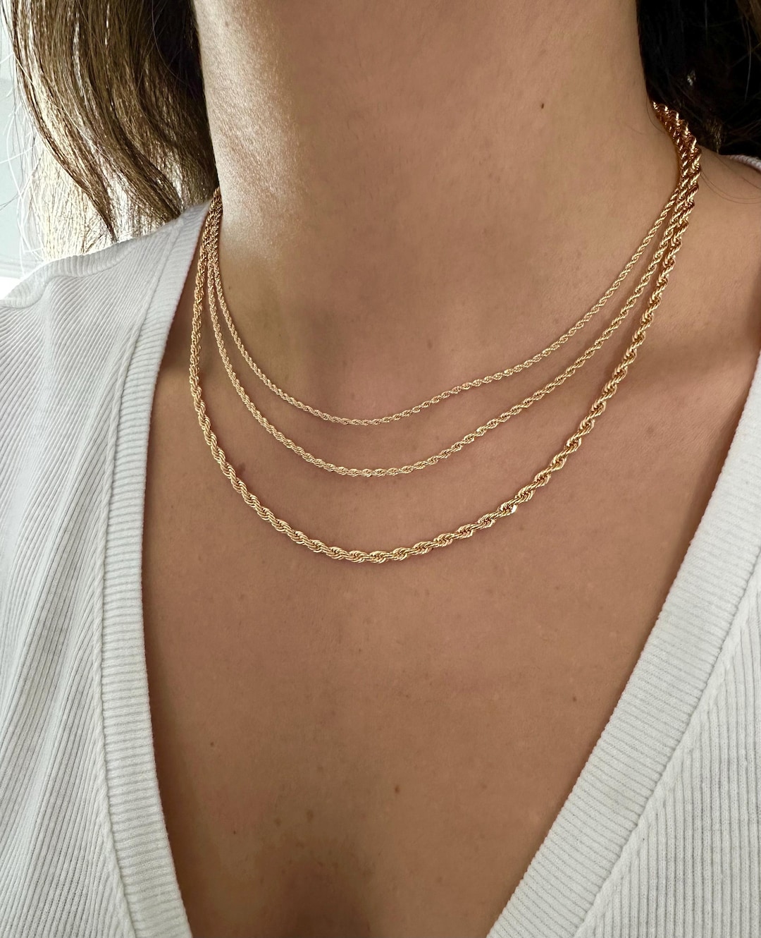 18k Yellow Gold Filled Triple Rope Chain Necklace-statement Necklace ...