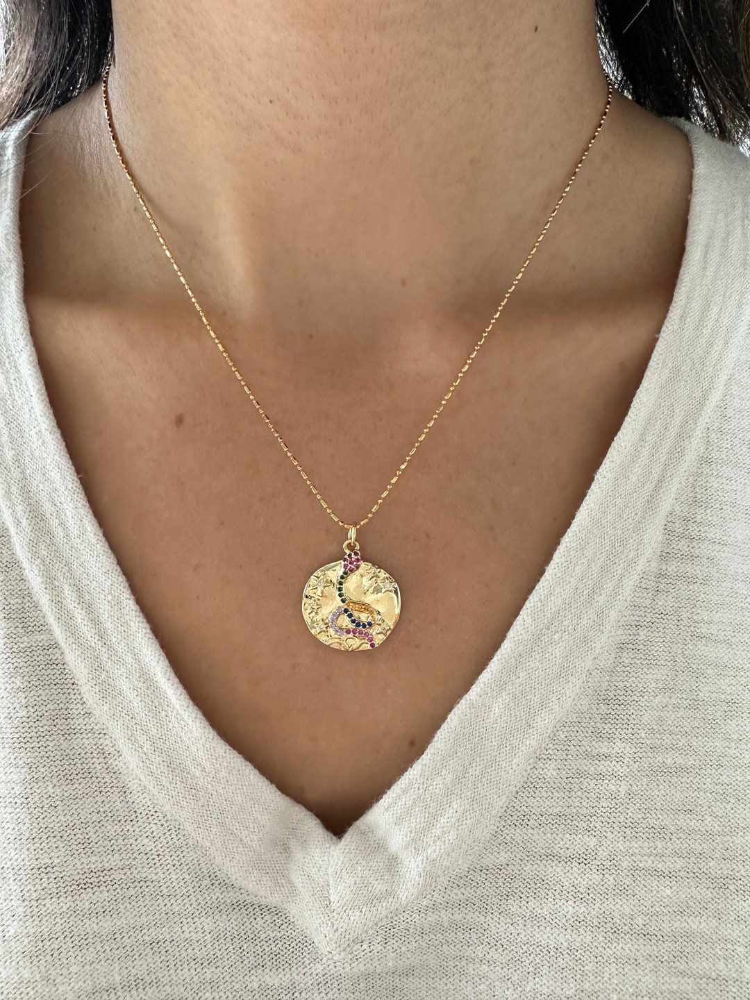 Gold Snake & Star Coin Necklace: Multicolored CZ Statement Jewelry - Etsy