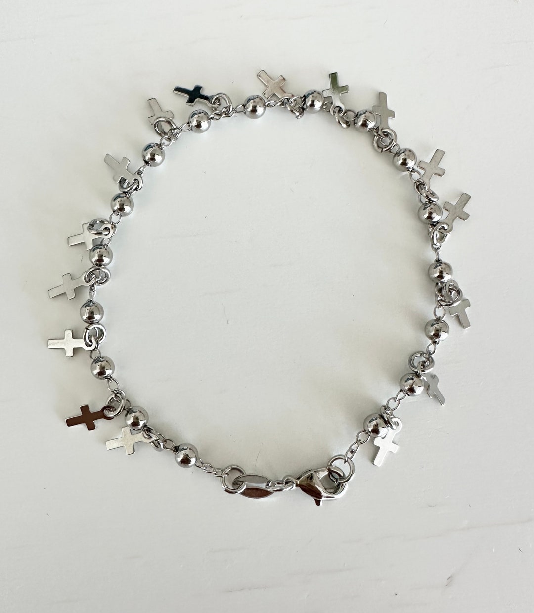 18k Rhodium Filled Cross Charm Chain Gold Bracelet, Dainty Bracelet ...