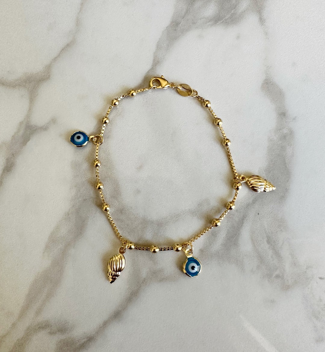18k Gold Filled Evil Eye Bracelet With Gold Sea Shells - Dainty Beach ...