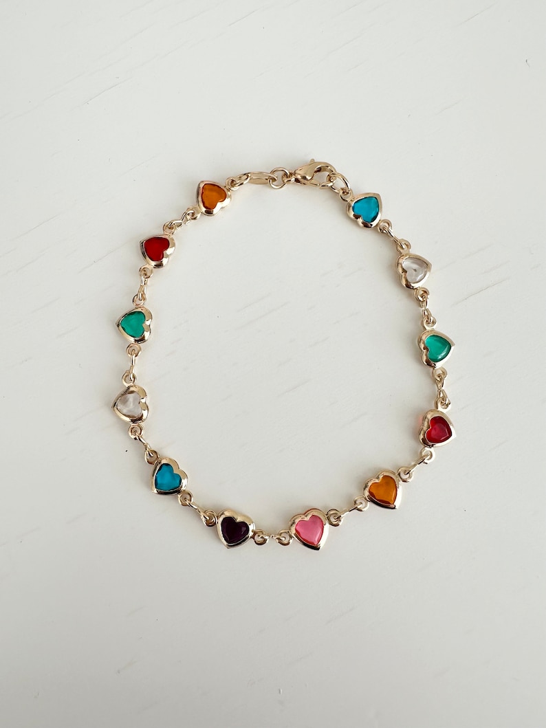 18k Gold Filled Heart Bracelet: Multicolored CZ Dainty Chain Valentines ...