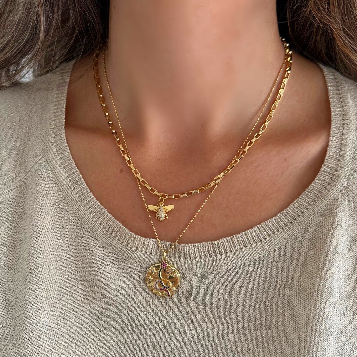 Gold Snake & Star Coin Necklace: Multicolored CZ Statement Jewelry - Etsy