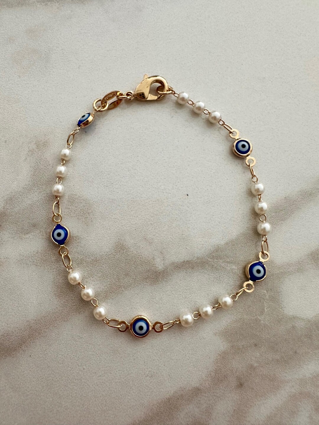 Navy Blue and Pearl Evil Eye Gold Chain Bracelet, Layering Bracelet ...