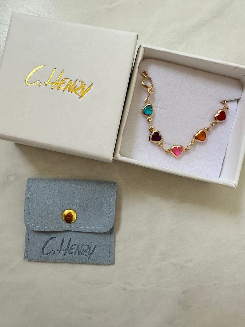 18k Gold Filled Heart Bracelet: Multicolored CZ Dainty Chain Valentines ...